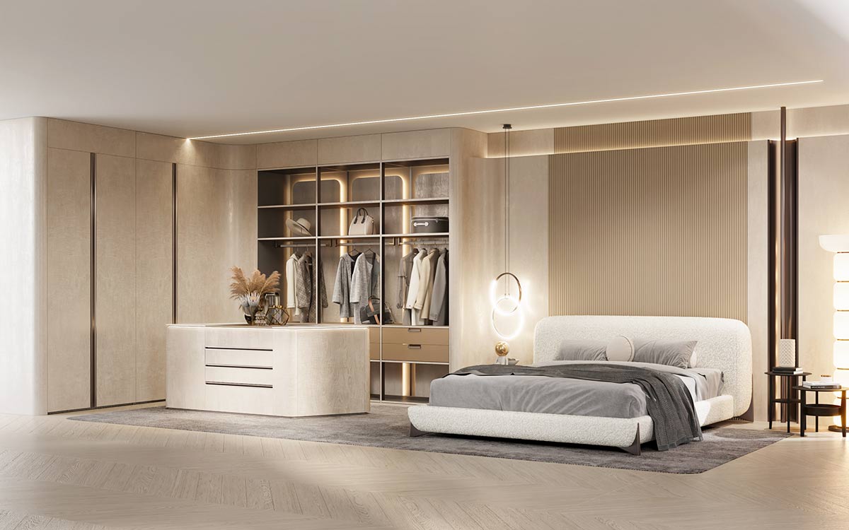 Beige Walk-in Closet in Textured UV Lacquer | OPPOLIA